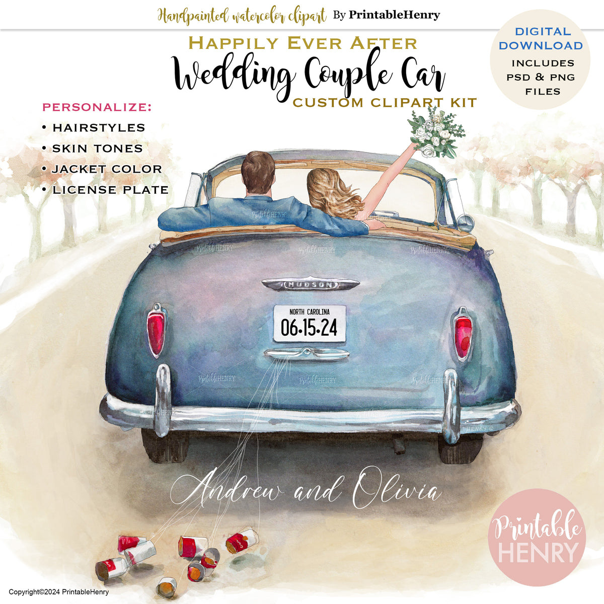 Wedding Couple Car Clipart, Watercolor Bride & Groom – PrintableHenry