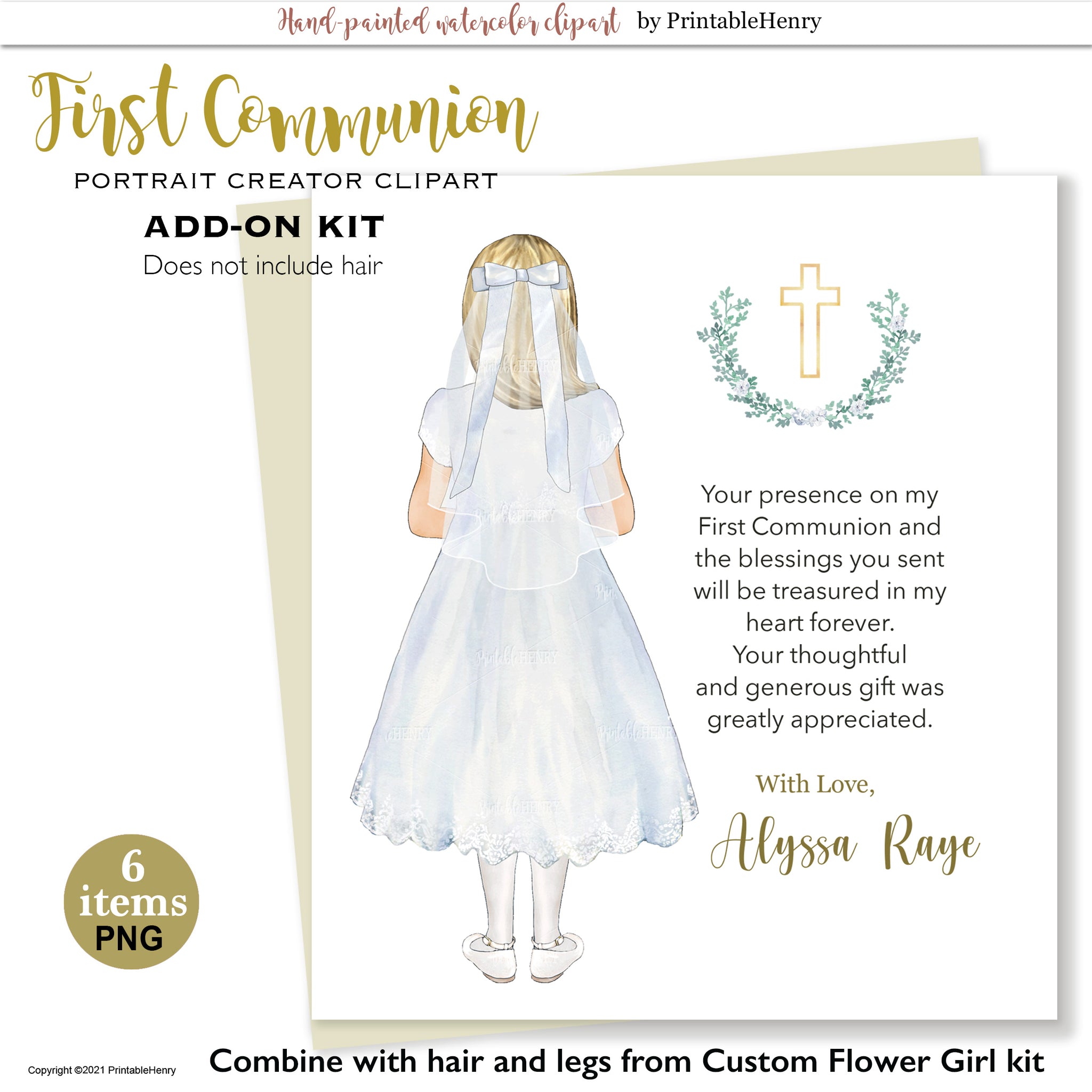 First Communion Girl watercolor clipart Add-on kit – PrintableHenry
