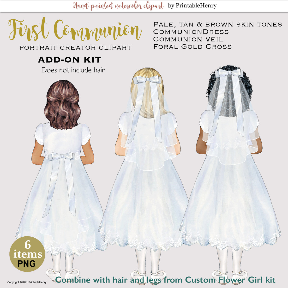 First Communion Girl watercolor clipart Add-on kit – PrintableHenry