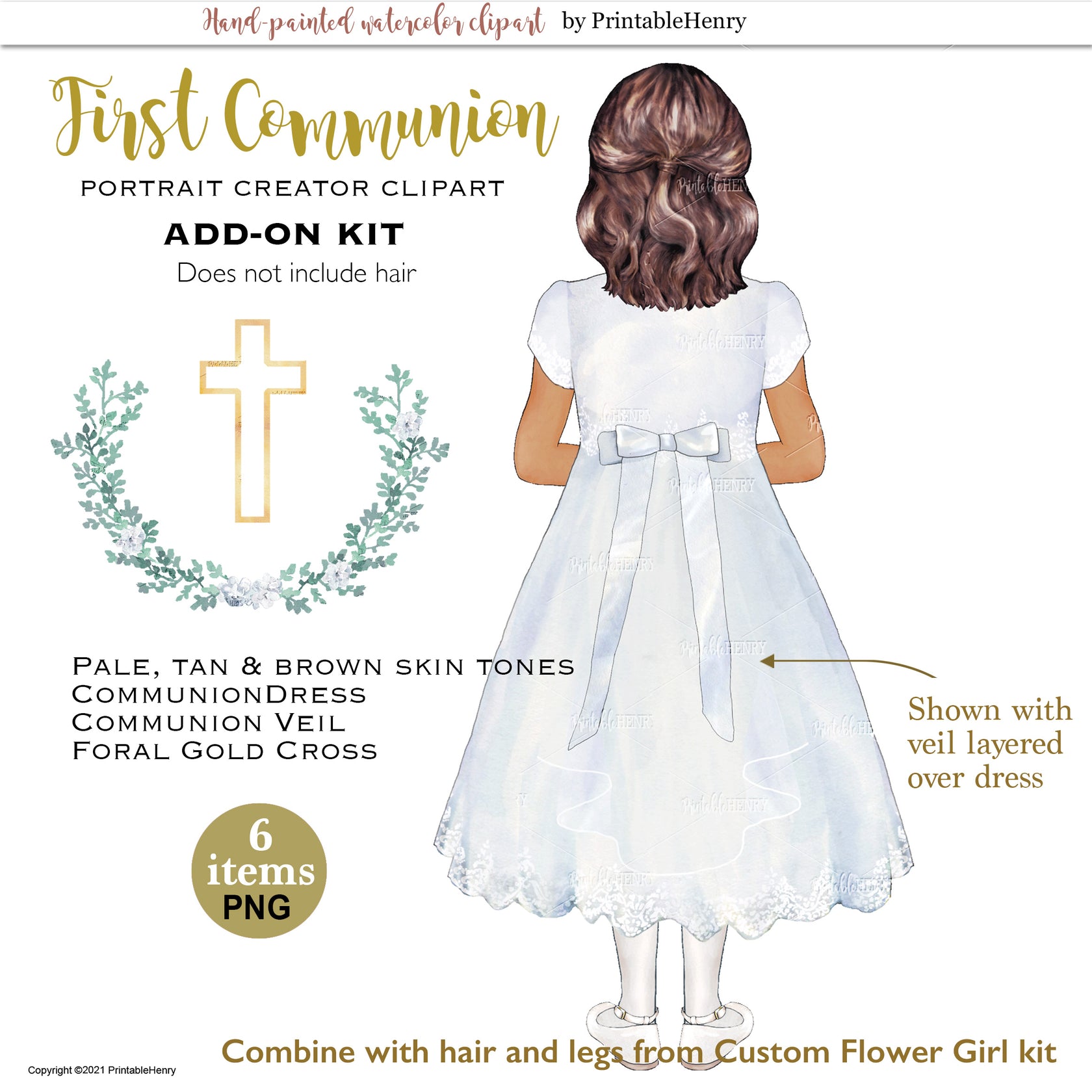 First Communion Girl watercolor clipart Add-on kit – PrintableHenry