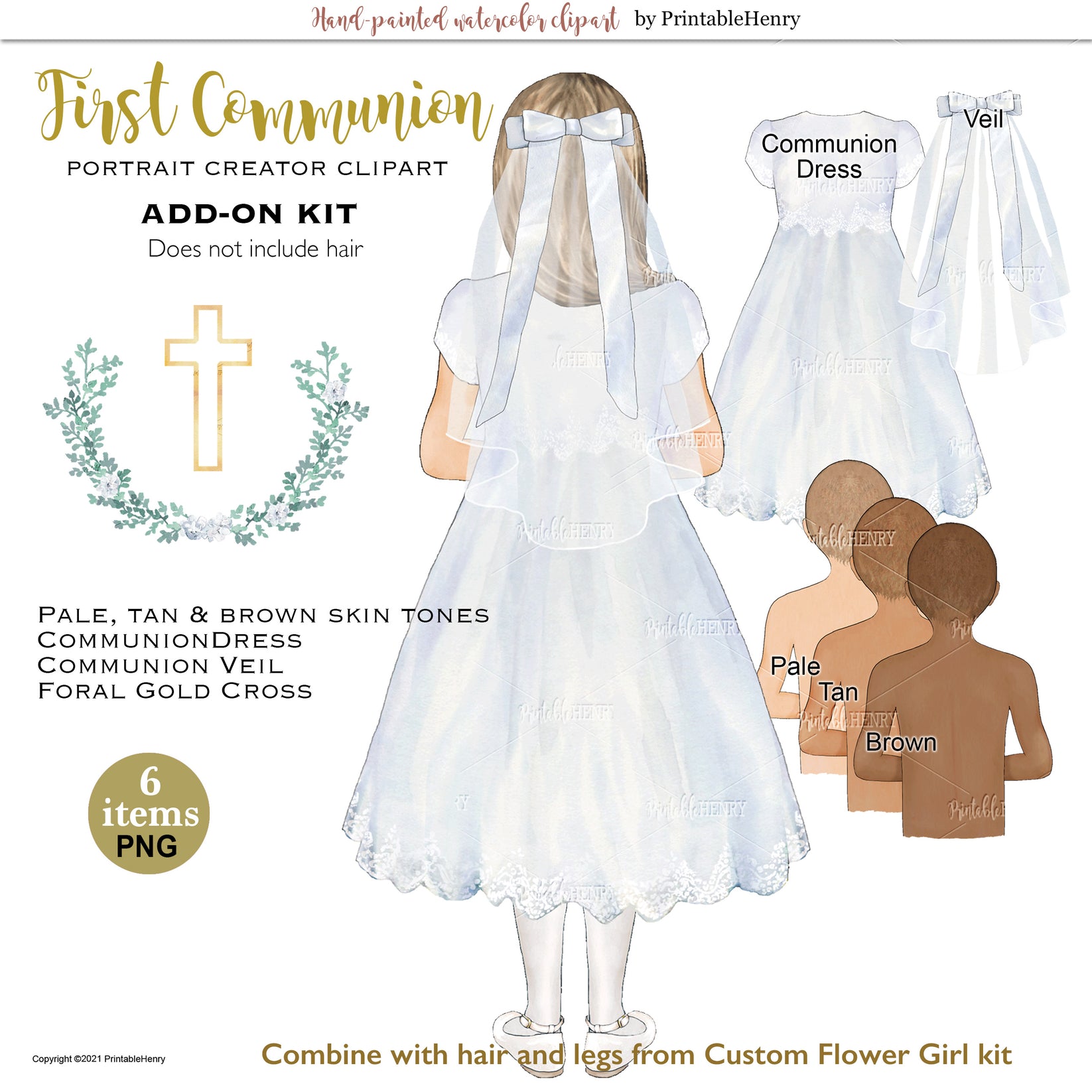 First Communion Girl watercolor clipart Add-on kit – PrintableHenry